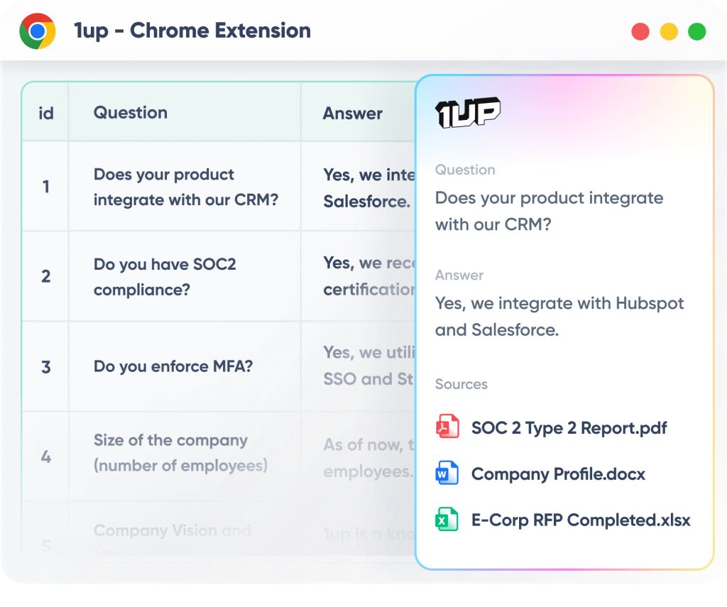 RFP Questionnaire Browser Extension - 1up.ai